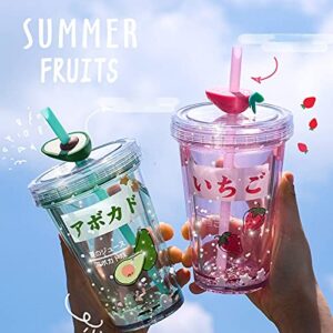 15oz Kawaiis Water Bottles with Straw Reusable Cups No Leak Water Bottle Cute Water Bottles Insulated Travel Tumbler Cup Women Girls Cute Water Bottle Gifts Home School Pink