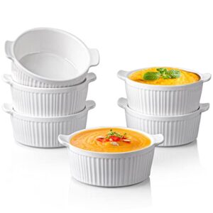 delling ramekins with handle, 6 pack soup bowls for french onion soup, pot pie, lava cakes, creme brulee, 12 oz porcelain souffle dish for baking, white