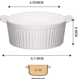 Delling Ramekins with Handle, 6 PACK Soup Bowls for French Onion Soup, Pot Pie, Lava Cakes, Creme Brulee, 12 Oz Porcelain Souffle Dish for Baking, White