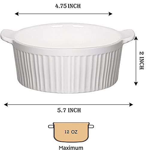 Delling Ramekins with Handle, 6 PACK Soup Bowls for French Onion Soup, Pot Pie, Lava Cakes, Creme Brulee, 12 Oz Porcelain Souffle Dish for Baking, White