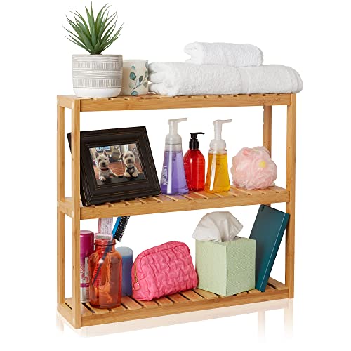 Casafield Bamboo 3-Tier Wall Mount Storage Shelf, Adjustable Shelving Unit Organizer for Bathroom, Kitchen, Living Room