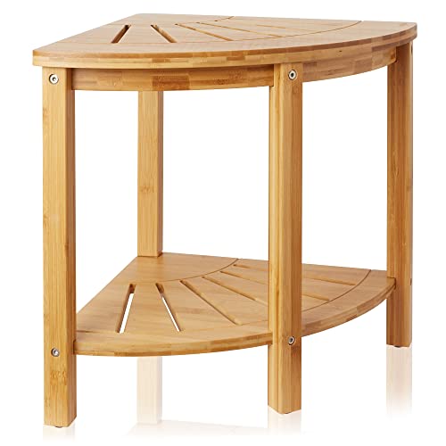 Casafield Bamboo Corner Bench with Storage Shelf, 2-Tier Wooden Bathroom Shower Stool for Indoor or Outdoor Use