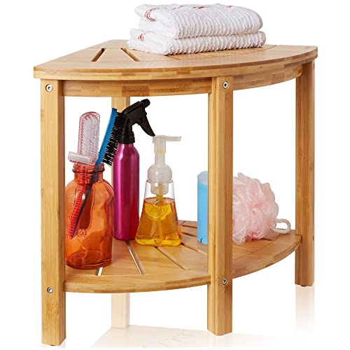 Casafield Bamboo Corner Bench with Storage Shelf, 2-Tier Wooden Bathroom Shower Stool for Indoor or Outdoor Use