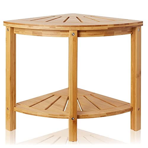 Casafield Bamboo Corner Bench with Storage Shelf, 2-Tier Wooden Bathroom Shower Stool for Indoor or Outdoor Use