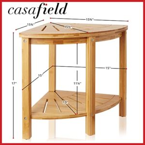 Casafield Bamboo Corner Bench with Storage Shelf, 2-Tier Wooden Bathroom Shower Stool for Indoor or Outdoor Use