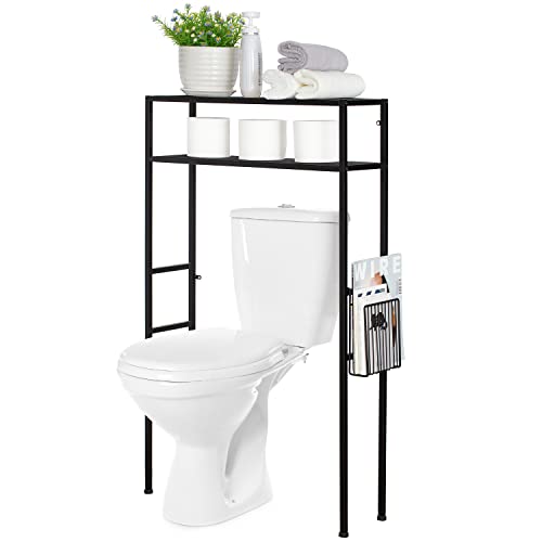 MyGift Modern Matte Black Metal Over The Toilet Shelf 2 Tier Storage Rack with Magazine Holder Basket