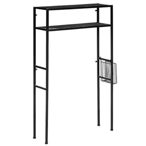 MyGift Modern Matte Black Metal Over The Toilet Shelf 2 Tier Storage Rack with Magazine Holder Basket