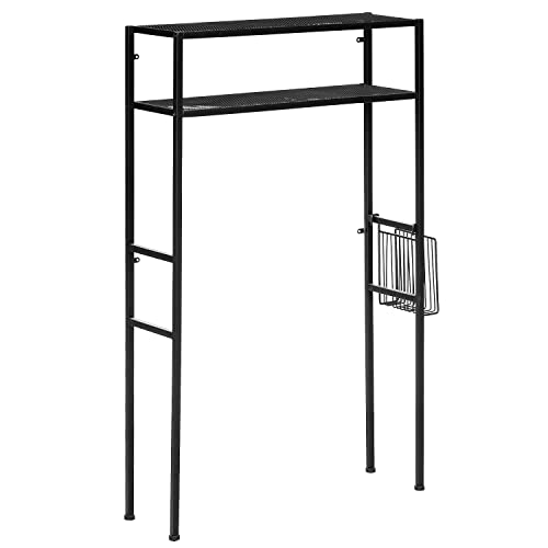 MyGift Modern Matte Black Metal Over The Toilet Shelf 2 Tier Storage Rack with Magazine Holder Basket