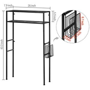 MyGift Modern Matte Black Metal Over The Toilet Shelf 2 Tier Storage Rack with Magazine Holder Basket