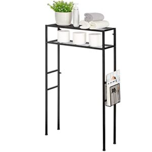 MyGift Modern Matte Black Metal Over The Toilet Shelf 2 Tier Storage Rack with Magazine Holder Basket