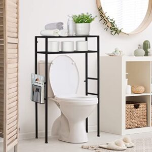 MyGift Modern Matte Black Metal Over The Toilet Shelf 2 Tier Storage Rack with Magazine Holder Basket