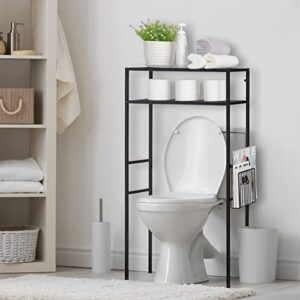 MyGift Modern Matte Black Metal Over The Toilet Shelf 2 Tier Storage Rack with Magazine Holder Basket