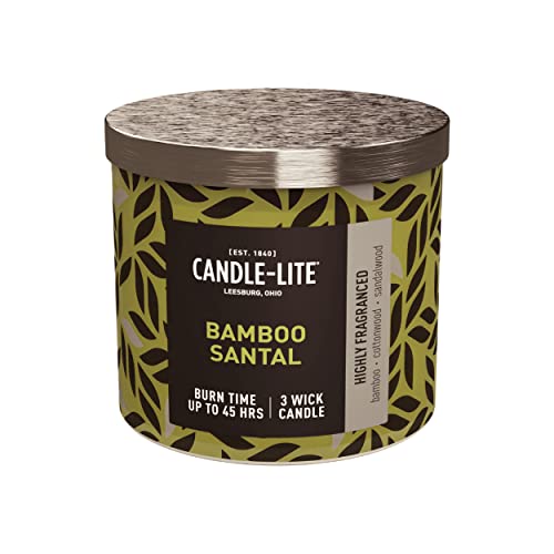 Candle-lite Premium Bamboo Santal Scent, 14 oz. 3-Wick Aromatherapy Candle with up to 45 Hours of Burn Time, Green