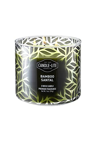 Candle-lite Premium Bamboo Santal Scent, 14 oz. 3-Wick Aromatherapy Candle with up to 45 Hours of Burn Time, Green