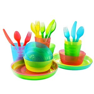 dinnerware set for 4 | kids dishes set include plastic cups, plates, bowls, flatware set | rainbow colours for kids party indoor and camping | reusable and microwave safe