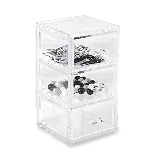 Huang Acrylic Clear Stackable Upright 3-Drawer Organizer, Makeup Jewelry Accessories Cosmetic Countertop Storage Display 3.5 x 3.25 x 5.75 inches