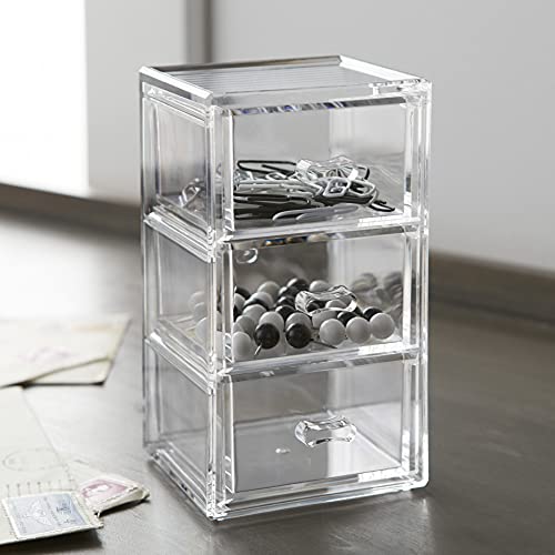 Huang Acrylic Clear Stackable Upright 3-Drawer Organizer, Makeup Jewelry Accessories Cosmetic Countertop Storage Display 3.5 x 3.25 x 5.75 inches