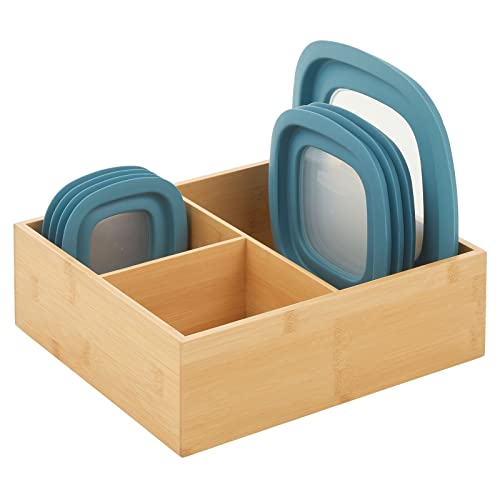 mDesign Bamboo Wood Kitchen Storage Bin Organizer for Food Container Lids and Covers - Use in Cabinets, Pantries, Cupboards - Large Divided Organizer with 3 Sections - 12" Long - Natural