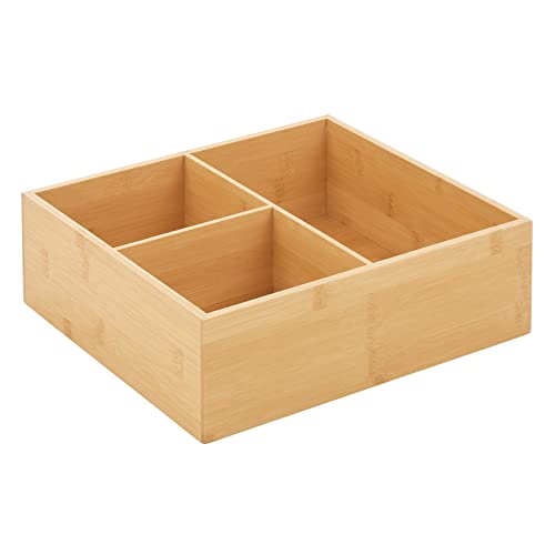 mDesign Bamboo Wood Kitchen Storage Bin Organizer for Food Container Lids and Covers - Use in Cabinets, Pantries, Cupboards - Large Divided Organizer with 3 Sections - 12" Long - Natural