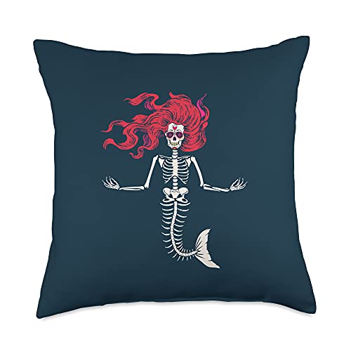 Sugar Skull Mermaid Skeleton Spooky Gifts Mermaid Skeleton Sugar Skull Halloween Spooky Costume Goth Throw Pillow, 18x18, Multicolor