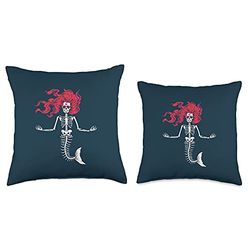 Sugar Skull Mermaid Skeleton Spooky Gifts Mermaid Skeleton Sugar Skull Halloween Spooky Costume Goth Throw Pillow, 18x18, Multicolor