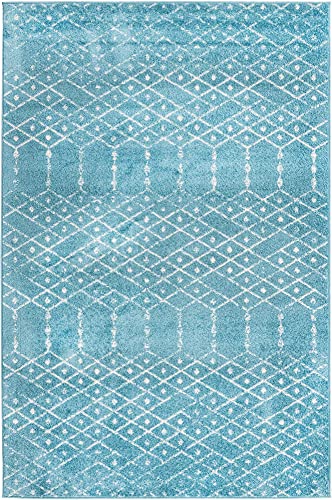 Rugs.com Paxon Trellis Collection Rug – 4' x 6' Teal Blue Medium-Pile Rug Perfect for Entryways, Kitchens, Breakfast Nooks, Accent Pieces