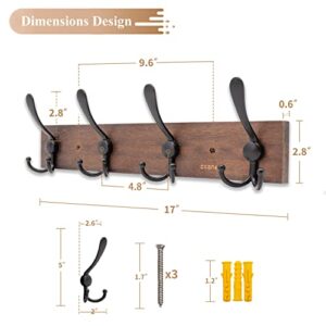 Dzanken Coat Rack Wall Mount, 4 Metal Hooks, Wooden Heavy Duty Wall Entryway Hanging Coat Rack for Clothes Hat Towel Scarf Bag Towel Key (Brown)