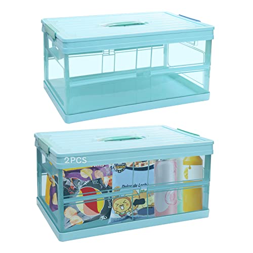 2Pcs Foldable Plastic Storage Box With Lid, DSVENROLY Upgrade Multifunction Transparent Collapsible Storage Bins, Stackable Clear Latch Storage Box with Handle, Folding Plastic Containers (Light Blue)