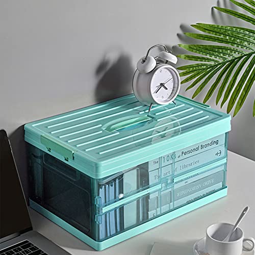 2Pcs Foldable Plastic Storage Box With Lid, DSVENROLY Upgrade Multifunction Transparent Collapsible Storage Bins, Stackable Clear Latch Storage Box with Handle, Folding Plastic Containers (Light Blue)