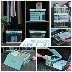 2Pcs Foldable Plastic Storage Box With Lid, DSVENROLY Upgrade Multifunction Transparent Collapsible Storage Bins, Stackable Clear Latch Storage Box with Handle, Folding Plastic Containers (Light Blue)