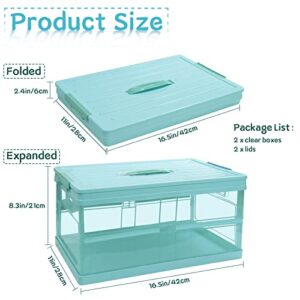 2Pcs Foldable Plastic Storage Box With Lid, DSVENROLY Upgrade Multifunction Transparent Collapsible Storage Bins, Stackable Clear Latch Storage Box with Handle, Folding Plastic Containers (Light Blue)