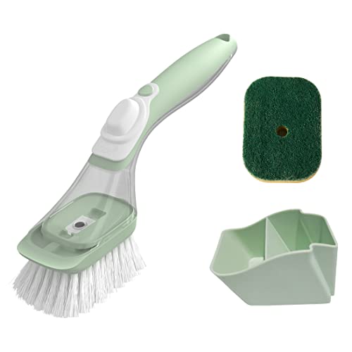 CQT Soap Dispensing Dish Brush, Dish Scrubber with Handle, Kitchen Washing Brush for Pot Pan Sink Cleaning, Packed with 1 Replaced Scouring Pad Head (Mint Green)