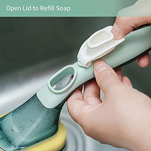 CQT Soap Dispensing Dish Brush, Dish Scrubber with Handle, Kitchen Washing Brush for Pot Pan Sink Cleaning, Packed with 1 Replaced Scouring Pad Head (Mint Green)