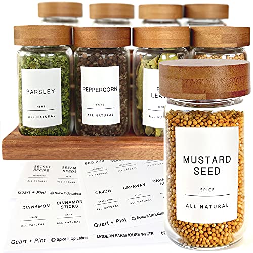 Quart + Pint 140 Glossy Spice Jar Labels: Minimalist White Sticker Black Text. Waterproof Stickers. Organization for Jars Bottles Containers Bins. Storage Rack Systems for Kitchen & Pantry Labels.