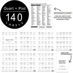 Quart + Pint 140 Glossy Spice Jar Labels: Minimalist White Sticker Black Text. Waterproof Stickers. Organization for Jars Bottles Containers Bins. Storage Rack Systems for Kitchen & Pantry Labels.