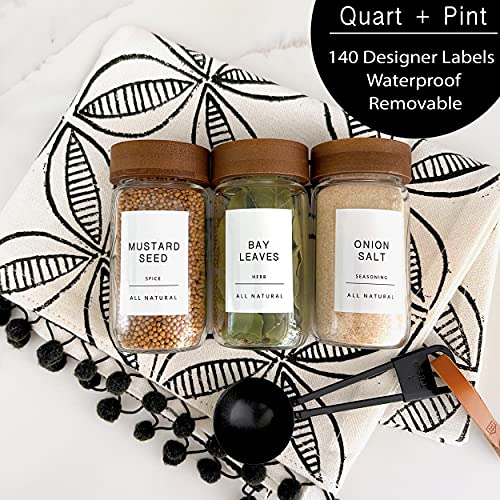 Quart + Pint 140 Glossy Spice Jar Labels: Minimalist White Sticker Black Text. Waterproof Stickers. Organization for Jars Bottles Containers Bins. Storage Rack Systems for Kitchen & Pantry Labels.