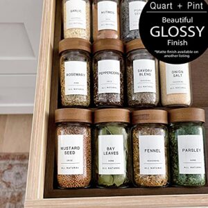 Quart + Pint 140 Glossy Spice Jar Labels: Minimalist White Sticker Black Text. Waterproof Stickers. Organization for Jars Bottles Containers Bins. Storage Rack Systems for Kitchen & Pantry Labels.