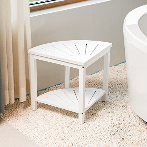 Forevich Shower Corner Bamboo Bench with Shelf, Corner Seat Shower Stool for Inside Shower White