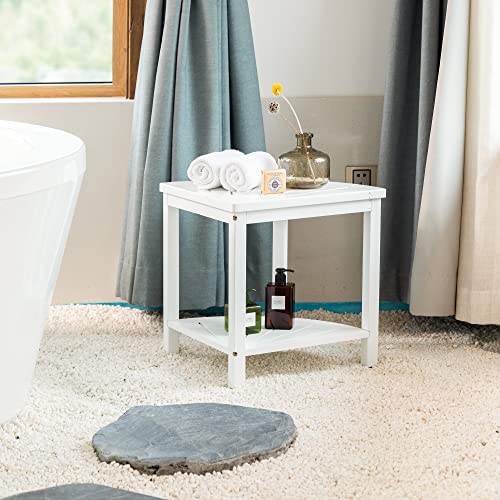 Forevich Shower Corner Bamboo Bench with Shelf, Corner Seat Shower Stool for Inside Shower White