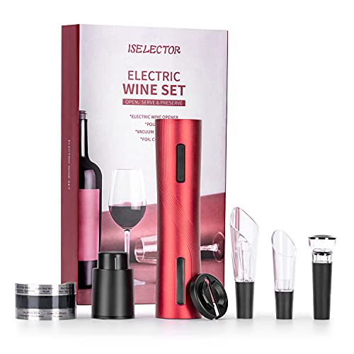 ISELECTOR 6-in-1 Cordless Electric Wine Opener Set Rechargeable Wine Bottle Corkscrew Opener with Wine Pourer, Vacuum Wine Stoppers, Foil Cutter and Wine Temperature Sensor