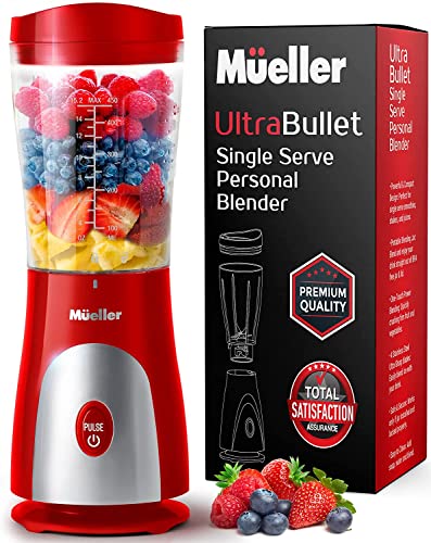 Mueller Ultra Bullet Personal Blender for Shakes and Smoothies with 15 Oz Travel Cup and Lid, Juices, Baby Food, Heavy-Duty Portable Blender & Food Processor, Red