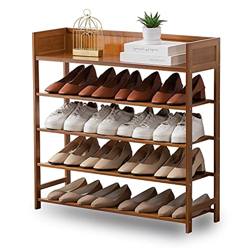 Suwoic Bamboo Shoe Rack Organizer, 5 Tier Shoe Shelf Storage Organizer, for Entryway, Hallway, and Closet (Brown-31.5)