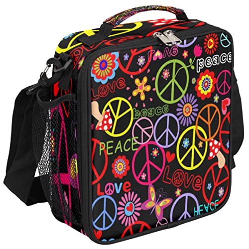 Pardick Love Peace Sign Lunch Bag for Girls Boys Peace Symbol Flower Kids Lunch Tote Bag with Shoulder Strap Kid Insulated Lunch Box Cute Cooler Handbag for School Daycare Picnic Travel Outdoor