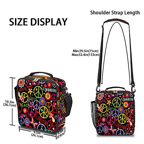 Pardick Love Peace Sign Lunch Bag for Girls Boys Peace Symbol Flower Kids Lunch Tote Bag with Shoulder Strap Kid Insulated Lunch Box Cute Cooler Handbag for School Daycare Picnic Travel Outdoor