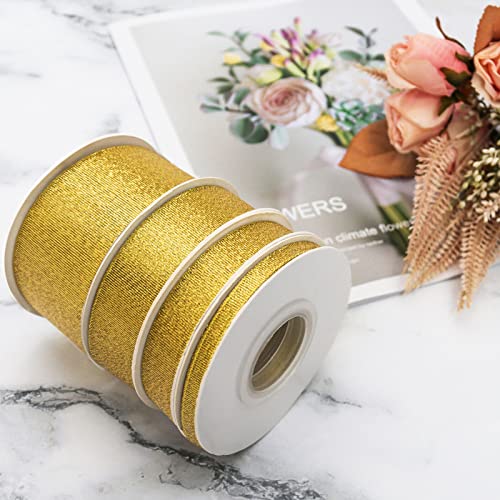 Glitter Metallic Gold Ribbon 1/4 Inch 25 Yards, Sparkly Fabric Ribbon Perfect for Crafts, Sewing, Gift Package Wrapping for Christmas, Easter, Valentines Day, Birthday