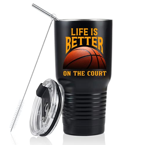 Basketball Gifts, Basketball Gifts for Coach, Basketball Lovers, Dad, Son, Man, NBA Teammates on Birthday - Life Is Better On The Court - Onebottl Stainless Steel Tumbler 30Oz - Black