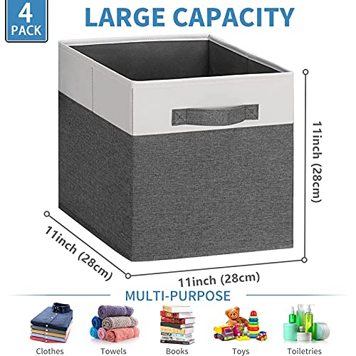 GhvyenntteS Fabric Storage Cubes 11” x 11” x 11” Fabric Storage Bins with Reinforced Handles, Foldable Cube Storage Basket for Organizing Shelf Closet Home Office (Grey, Set of 4)