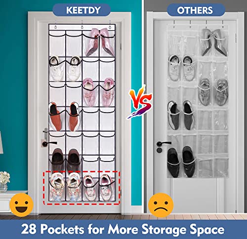 KEETDY 28 Large Clear Over The Door Shoe Rack with Crystal Pockets Hanging Shoe Organizer Storage Shoe Holder for Closet Hanger, White