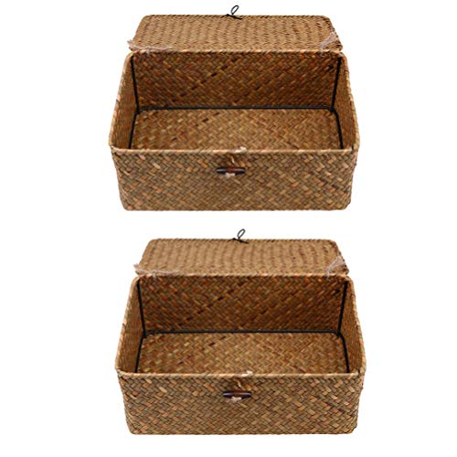 Generic 2pcs Woven Storage Boxes with Lid Seaweed Storage Case Closet Organizer Containers for Bedroom Office, ZMMPI11DL10CT331I6V0DT, 23X13X8CM