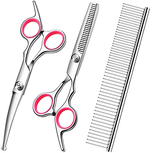 FAIGEO Dog Grooming Scissors Kit with Safety Round Tips Stainless Steel Professional Dog Grooming Shears Set - Thinning, Curved Scissors and Comb for Dog Cat Pet